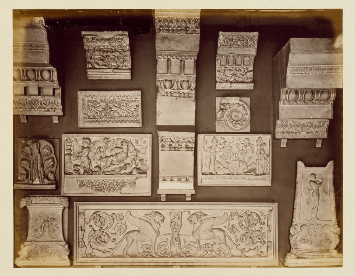 Casts of cornices from temple of Augustus and Faustina, and two altars ...