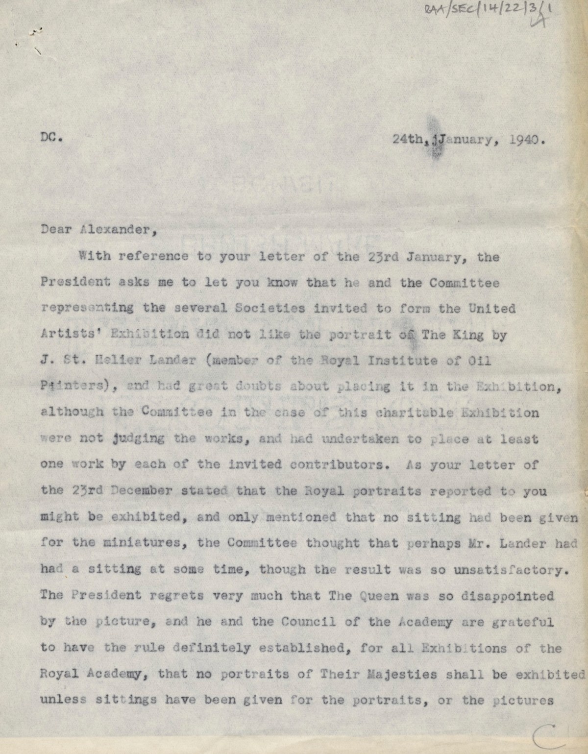 The Secretary, to Major Sir Ulick Alexander, Windsor Castle, Berks ...