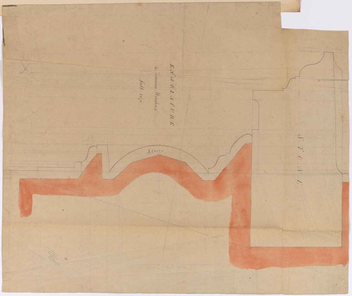 Full size working drawing of entablature to first floor windows, north ...