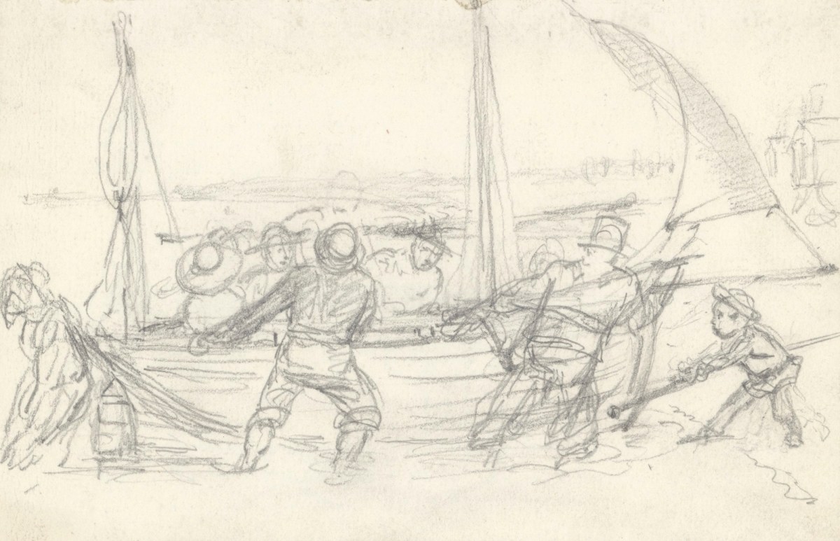 Sketch of two men hauling a boat ashore (recto) and Sketch of two men ...