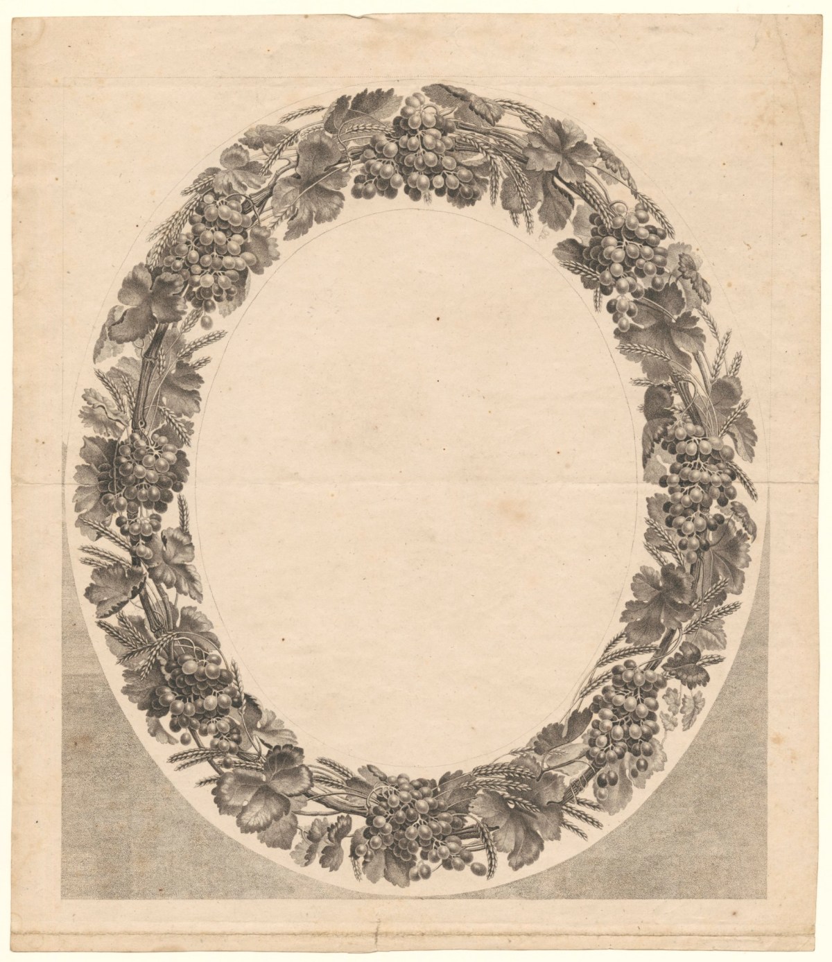 Oval border composed of naturalistic vine leaves and bunches of grapes ...