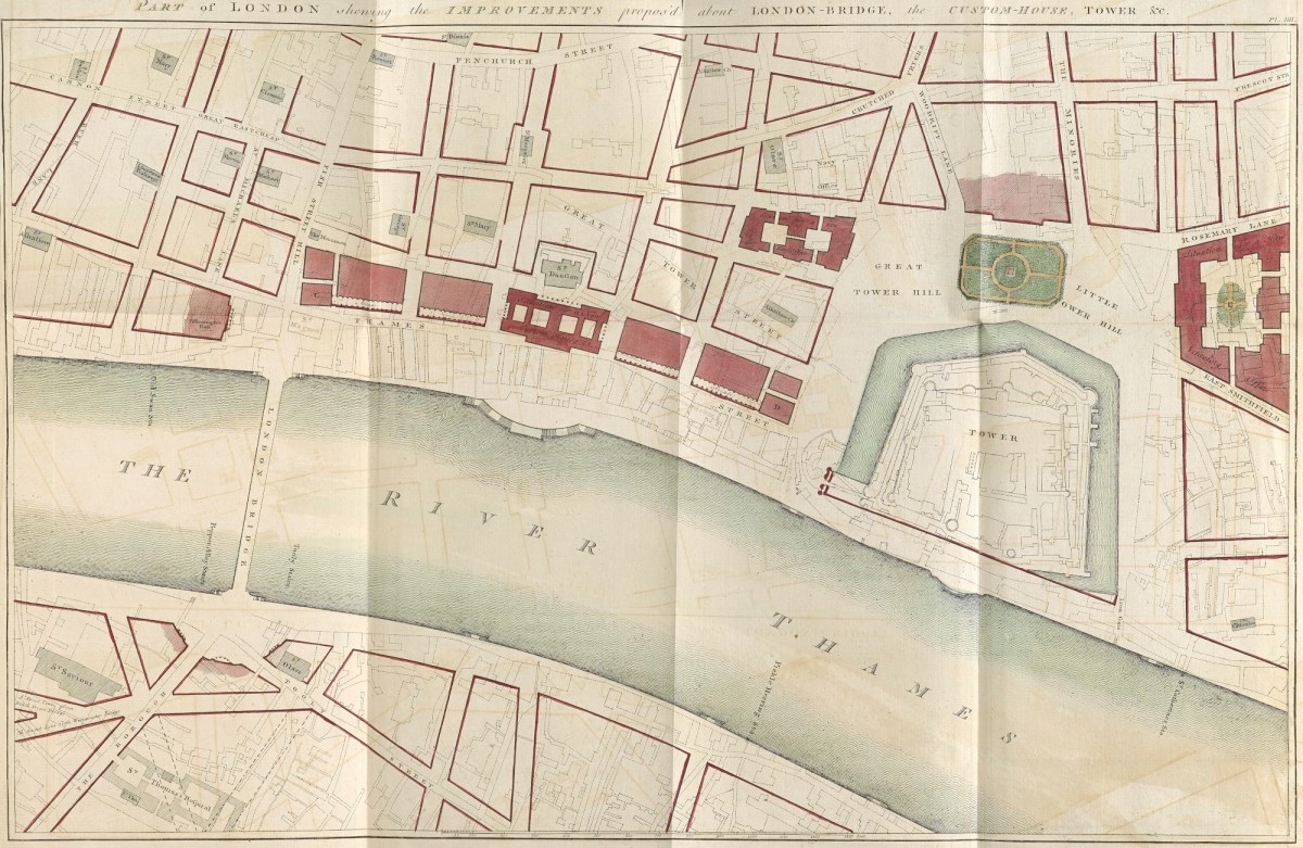 Map showing London Bridge, the Custom House, and the Tower of London ...