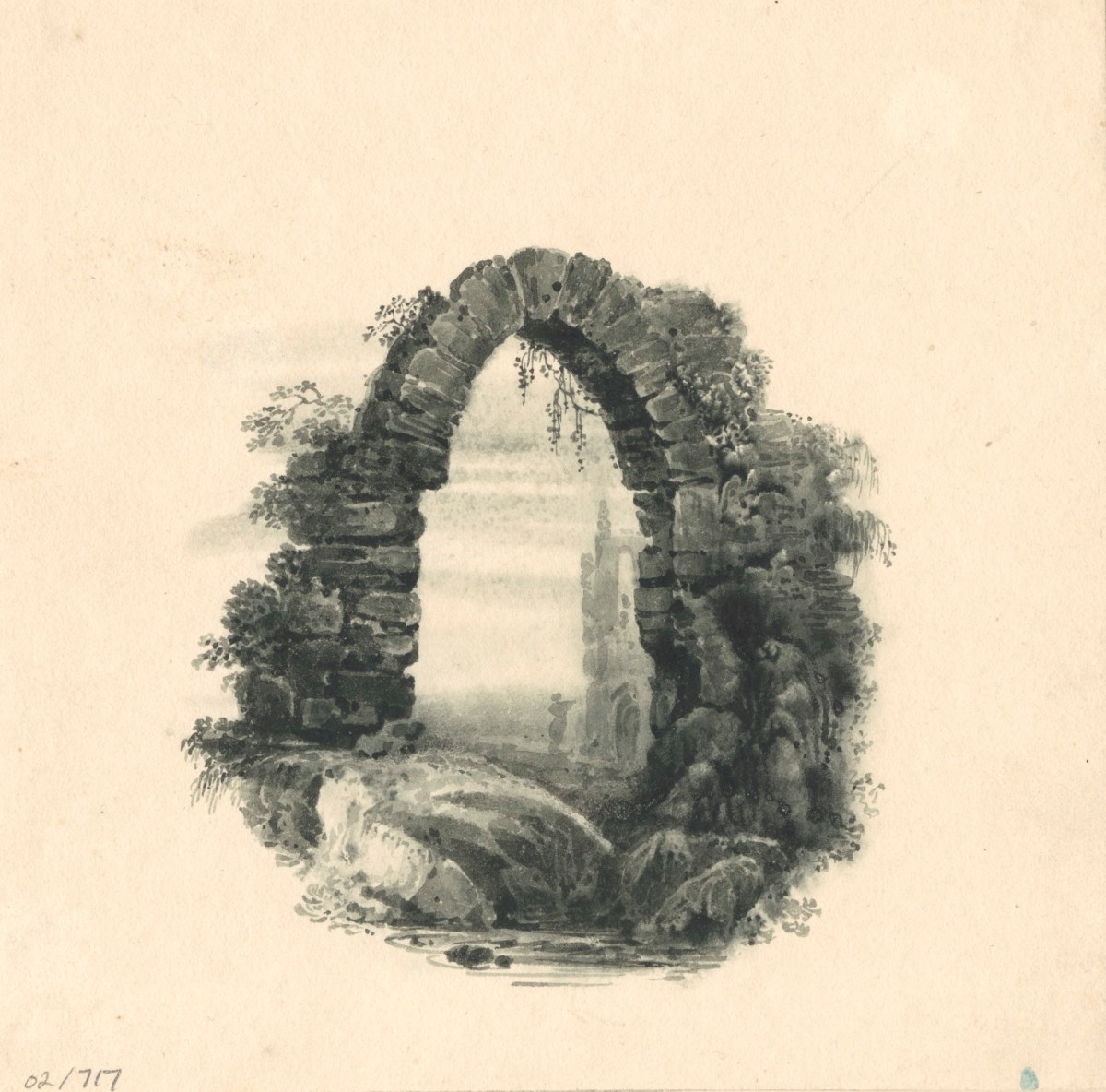 A roundel with a landscape view of a crumbling archway with a stream ...