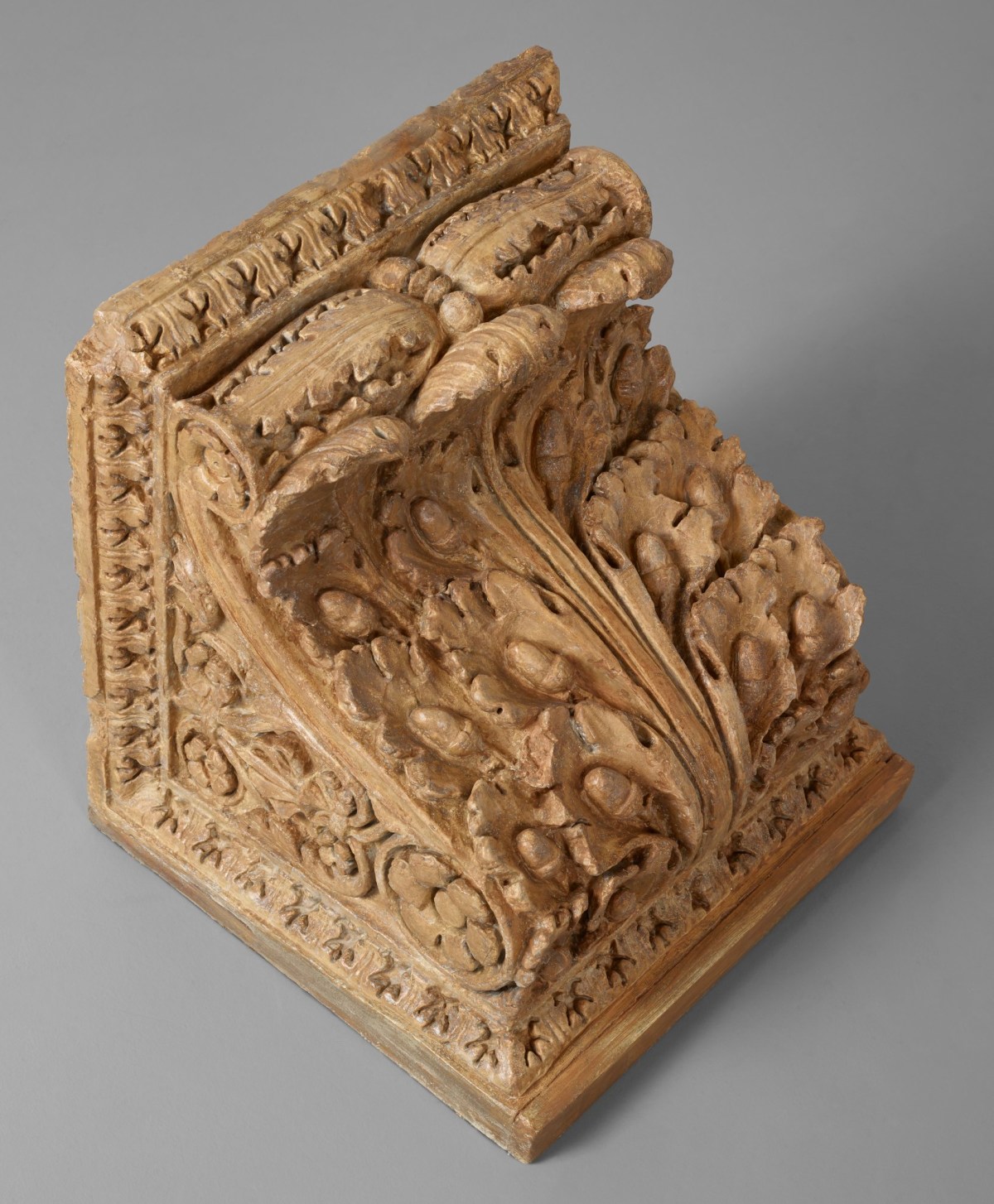 Cast of modillion faced with acanthus leaf, oak apples and ornate ...