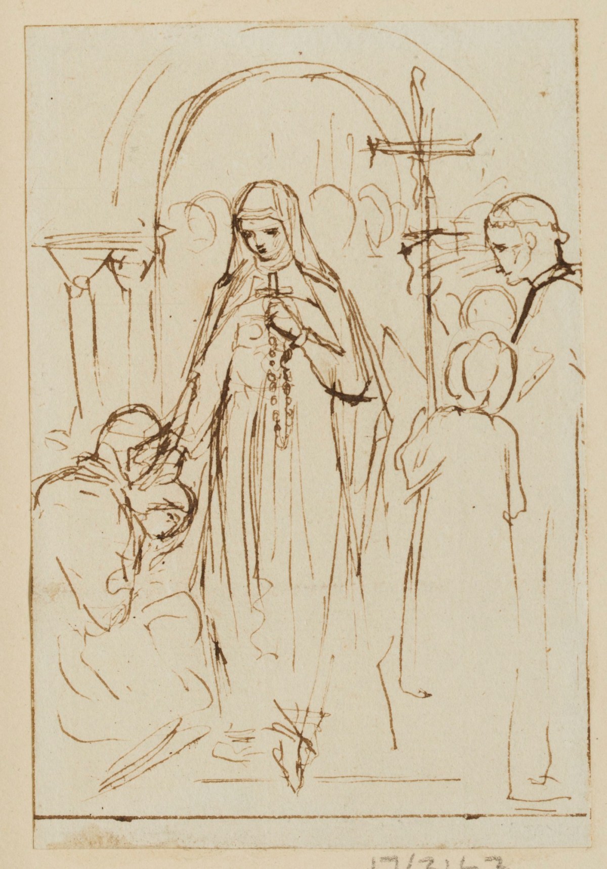 A drawing of a religious woman holding a rosary and blessing people ...