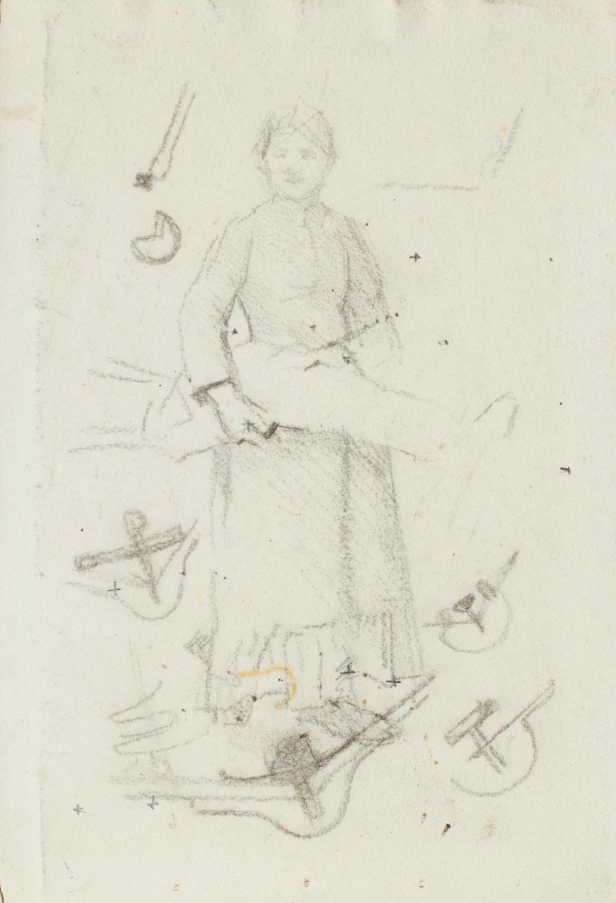Full-length sketch of a young woman carrying an undefined object ...