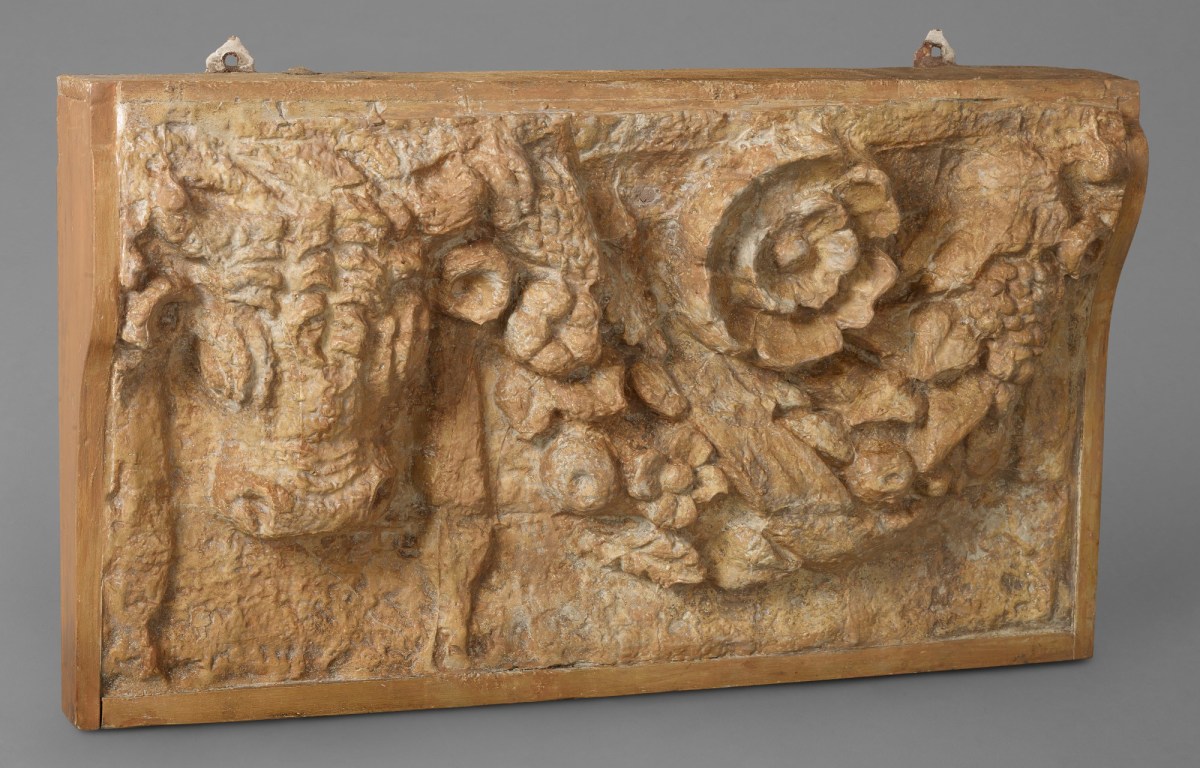 Cast of part of frieze showing a bucranium, garland, and rosette ...